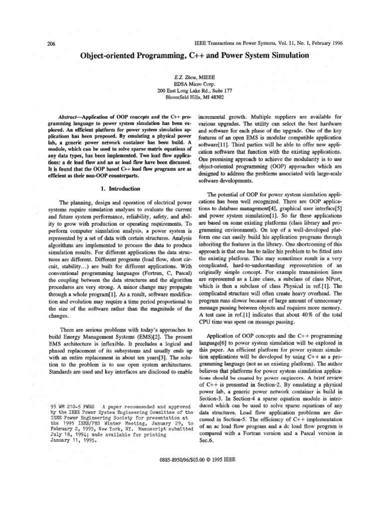 Object-Oriented Programming, C++ and Power System Simulation: Developing an Efficient Platform ...