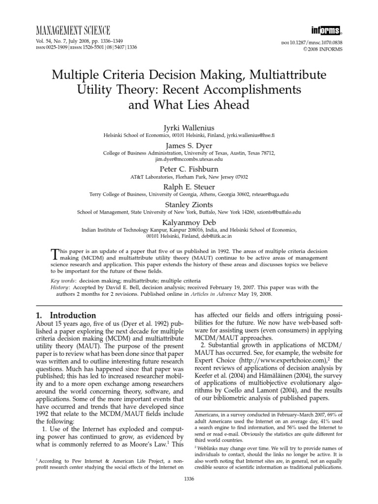 Multiple Criteria Decision Making, Multiattribute Utility Theory: Recent Accomplishments and ...