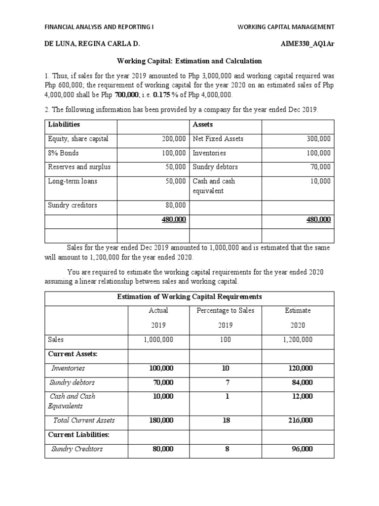 Working Capital: Estimation and Calculation: de Luna, Regina Carla D. AIME330 - AQ1Ar | PDF ...