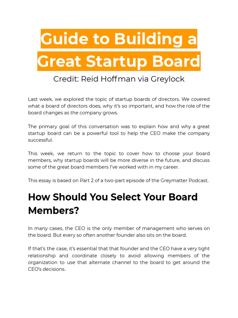 Guide To Building A Great Startup Board - Paper | PDF | Small Business ...