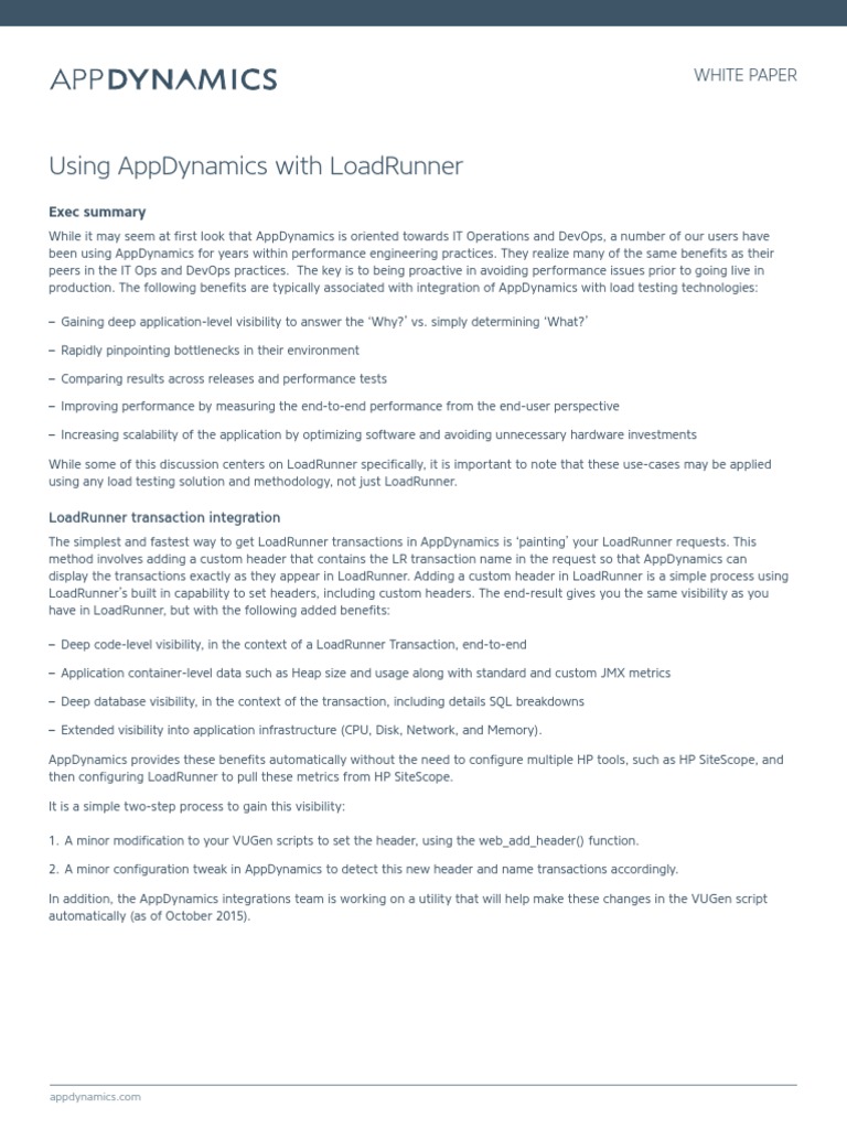 Using Appdynamics With Loadrunner: Exec Summary | PDF | Databases | Performance Indicator