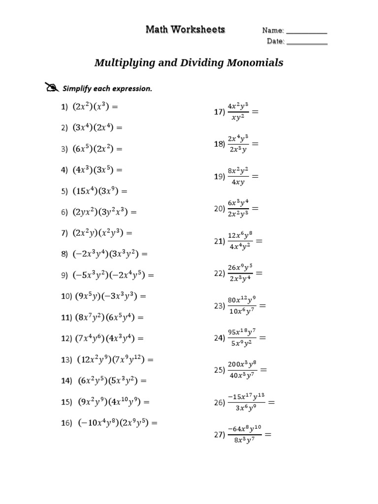 Multiplying and Dividing Monomials | PDF