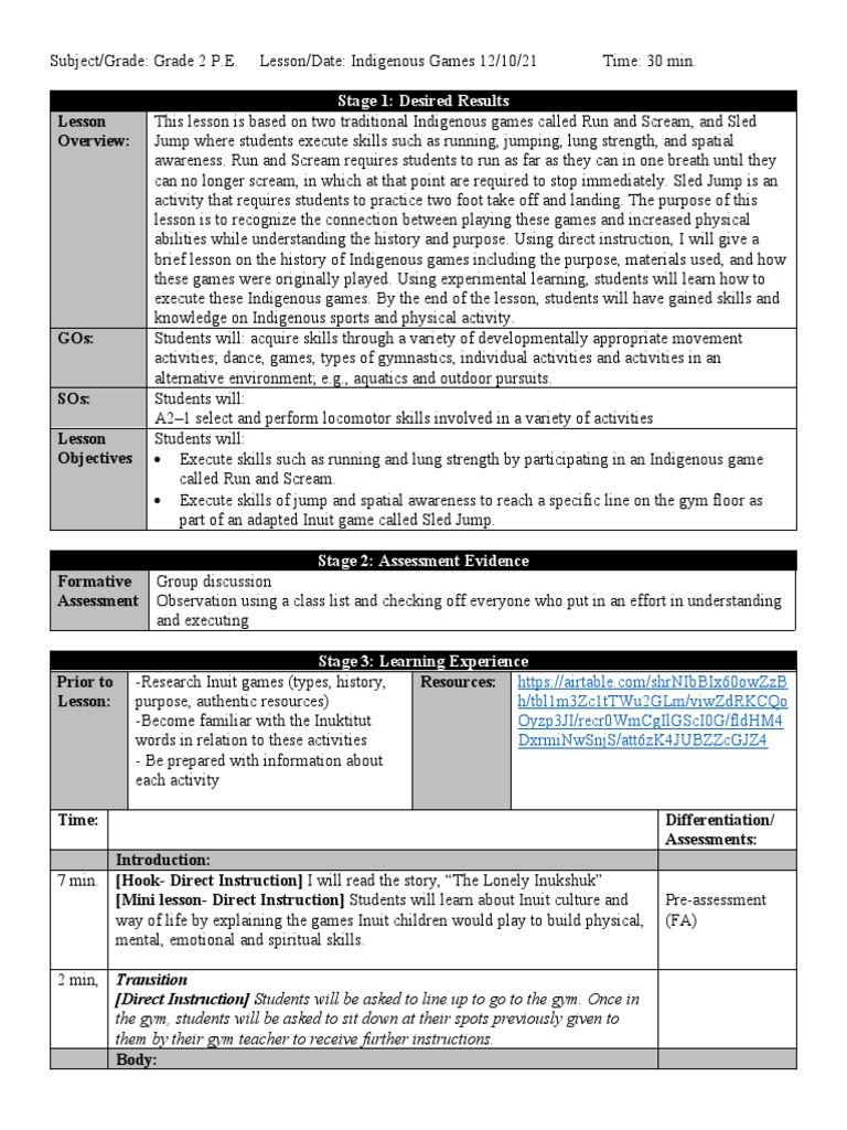 Lesson Plan Template - Indigenous Games | PDF | Physical Education ...