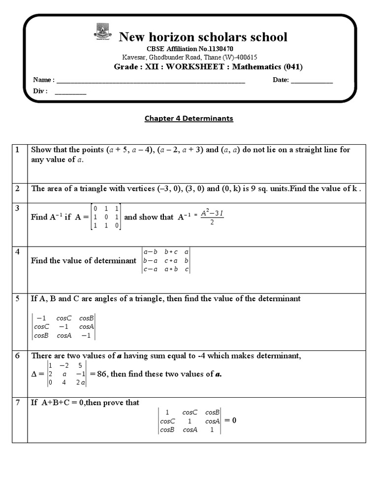 CH 4 Determinants Worksheet 1 | PDF | Algebra | Matrix Theory