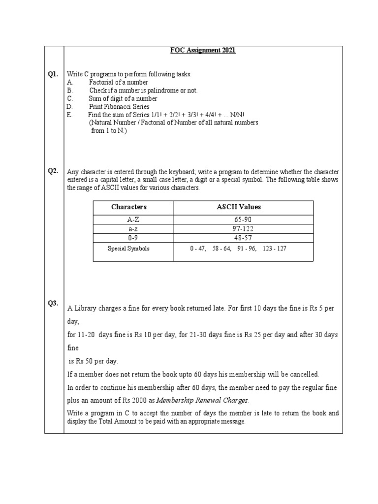 FOC Assignment 2021: Characters ASCII Values | PDF