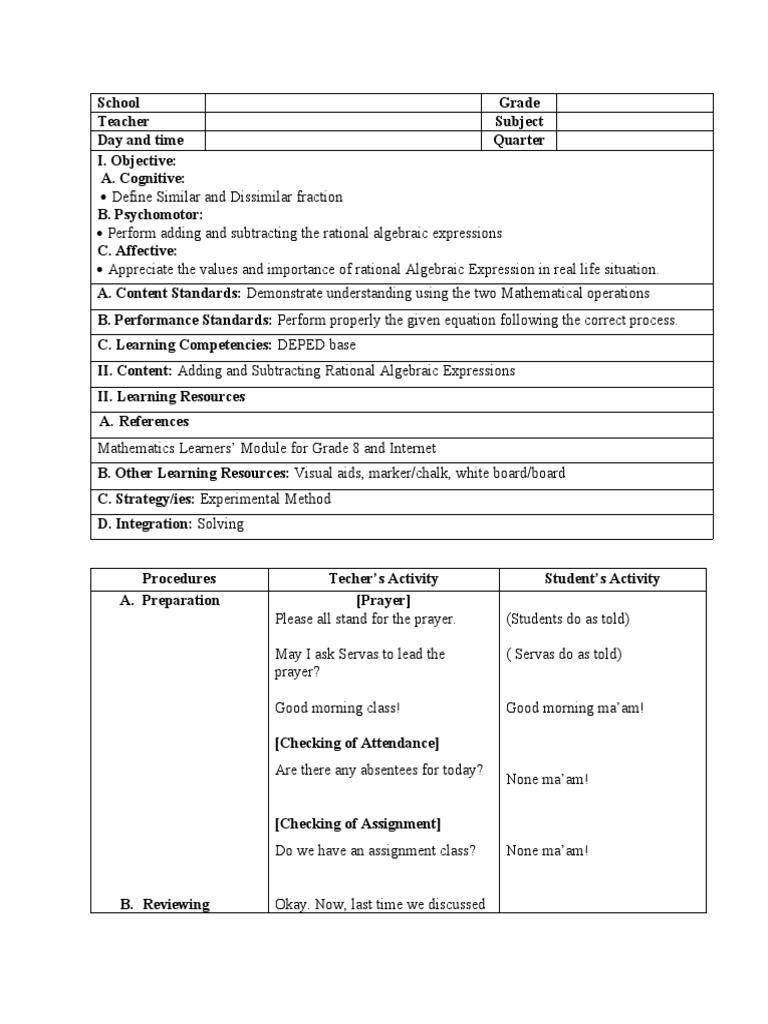 DLP of Addition and Subtraction of Rational Algebraic Expression | PDF ...