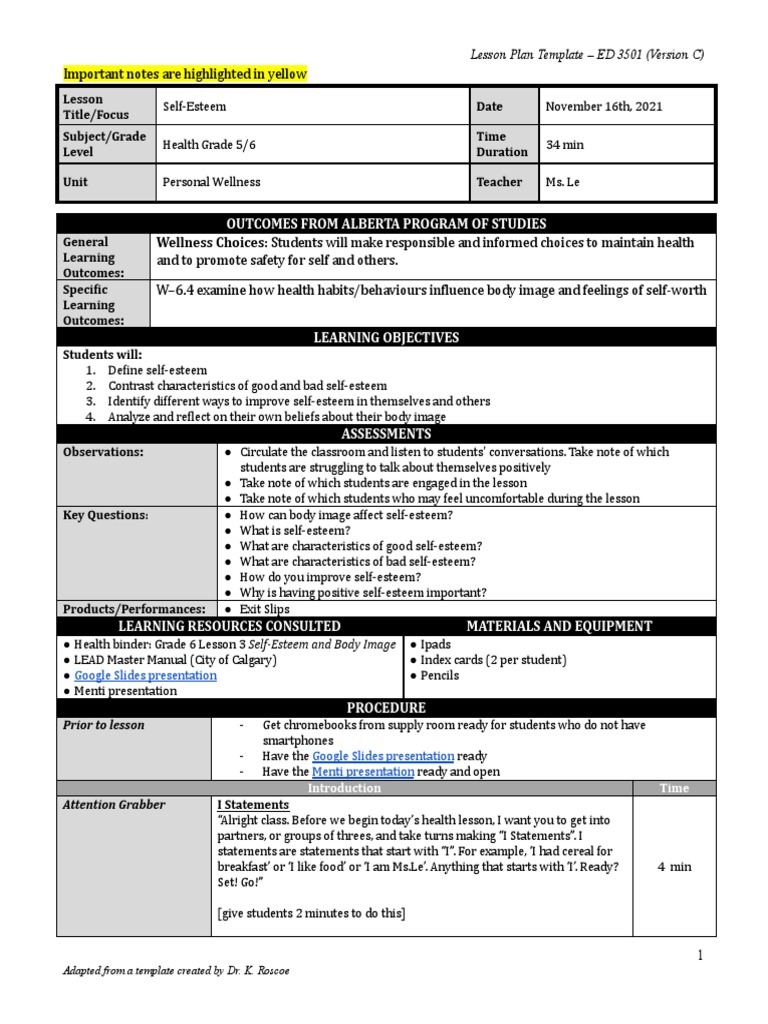 Health | PDF | Self Esteem | Lesson Plan