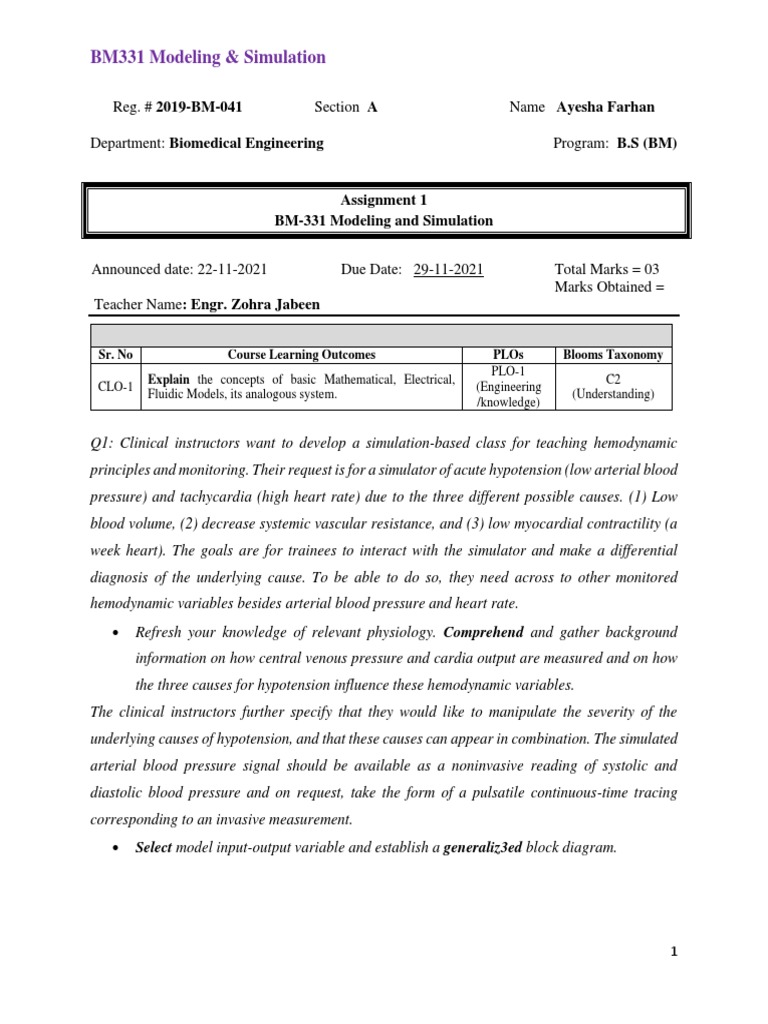 Assignment 1 BM-331 Modeling and Simulation | PDF | Heart | Blood Pressure