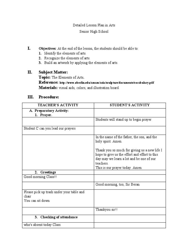 Senior High School Art Lesson Plan | PDF | Lesson Plan | Vision