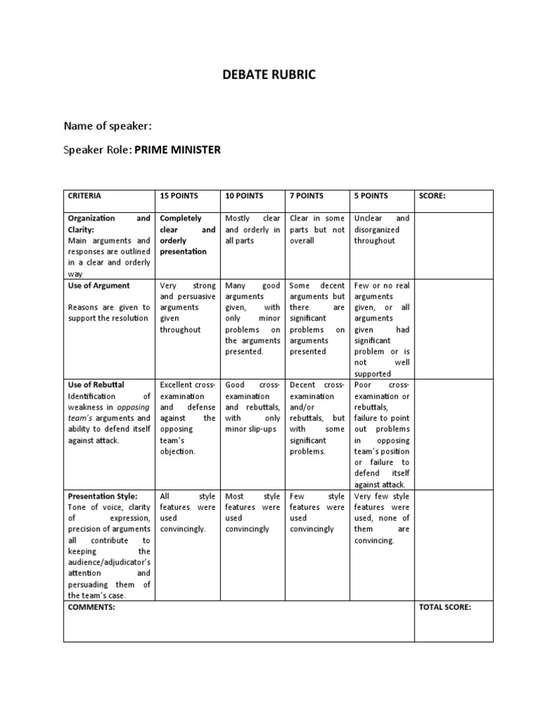 Debate Rubric: Name of Speaker: Speaker Role: PRIME MINISTER | PDF ...