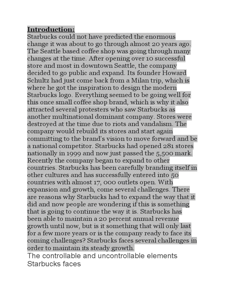 Starbucks: Global Expansion Challenges | PDF | Starbucks | Brand