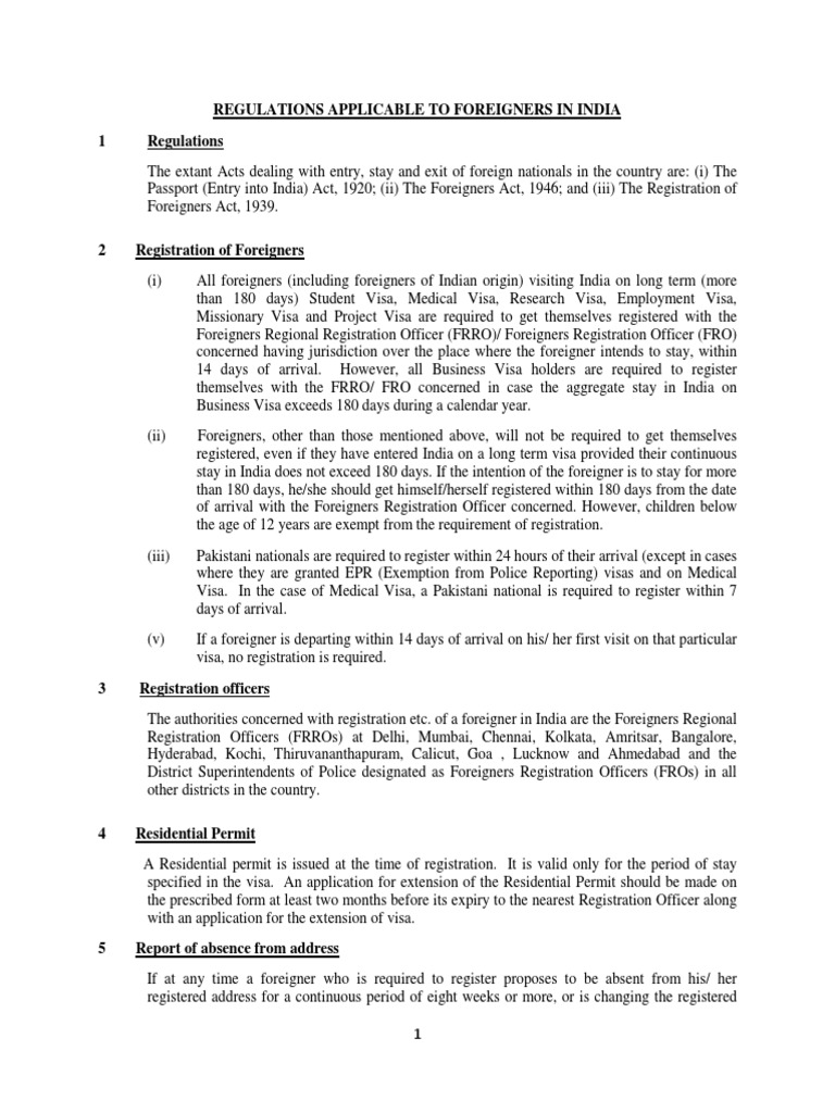 Regulations Applicable To Foreigners in India 1 Regulations | PDF ...