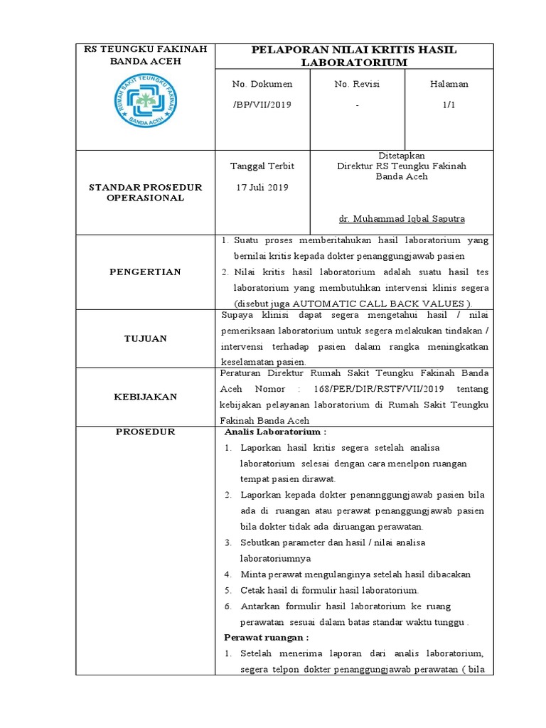 Contoh SPO Pelaporan Nilai Kritis | PDF