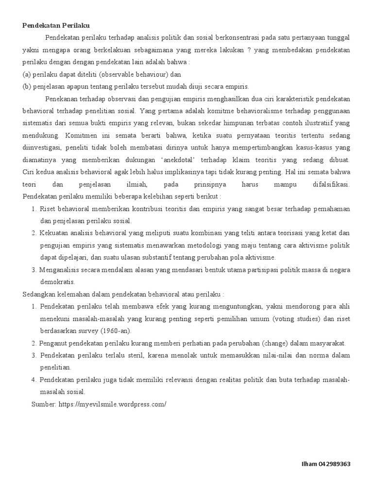 Diskusi 1 Tentantang Kelebihan Dan Kelemahan Pendekatan Perilaku Oleh Ilham | PDF