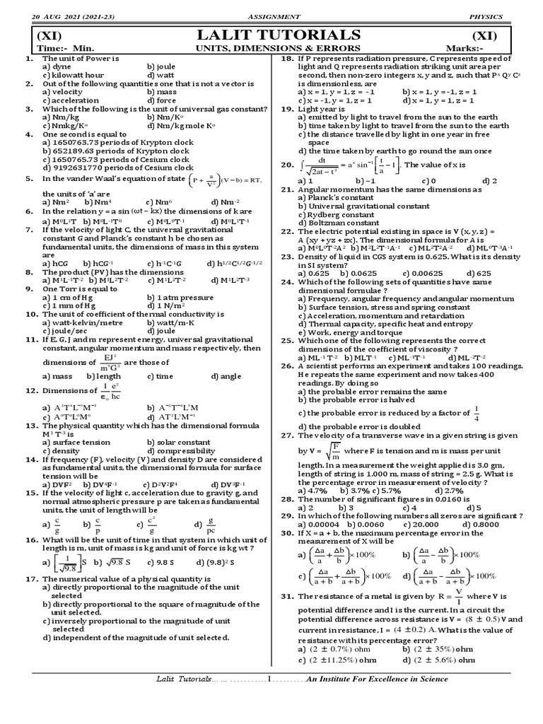 Physics Assignment: Units, Dimensions & Errors | PDF | Tension (Physics ...