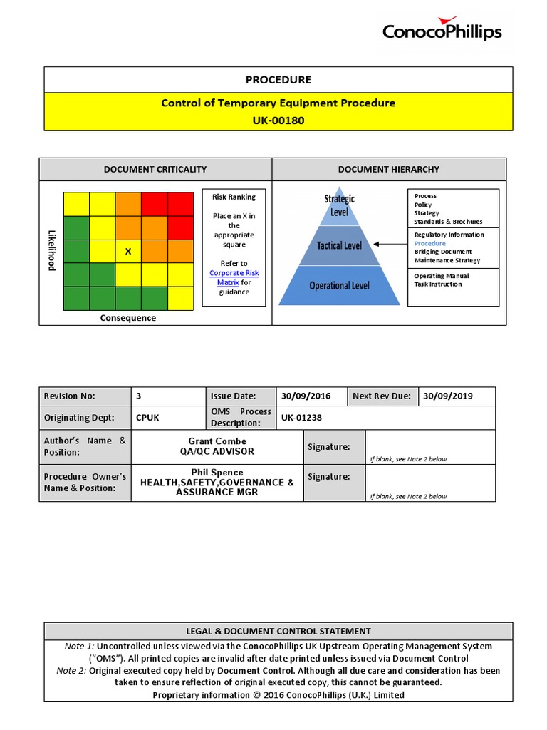 Control of Temporary Equipment Procedure | PDF