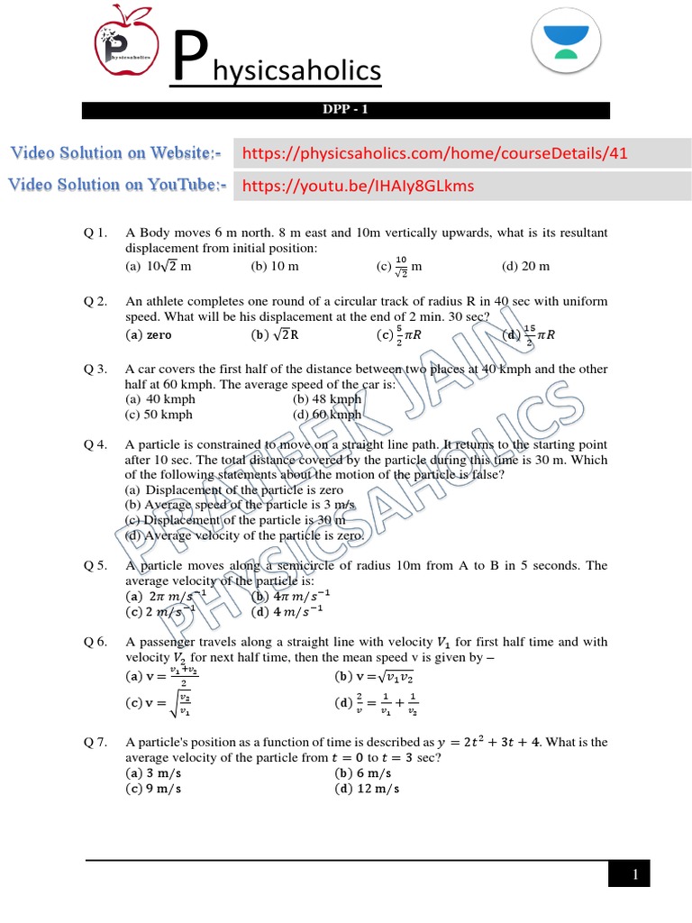 DPP-1-Kinematics - Speed Velocity Distance and Displacement 1638063136311 | PDF | Speed | Velocity