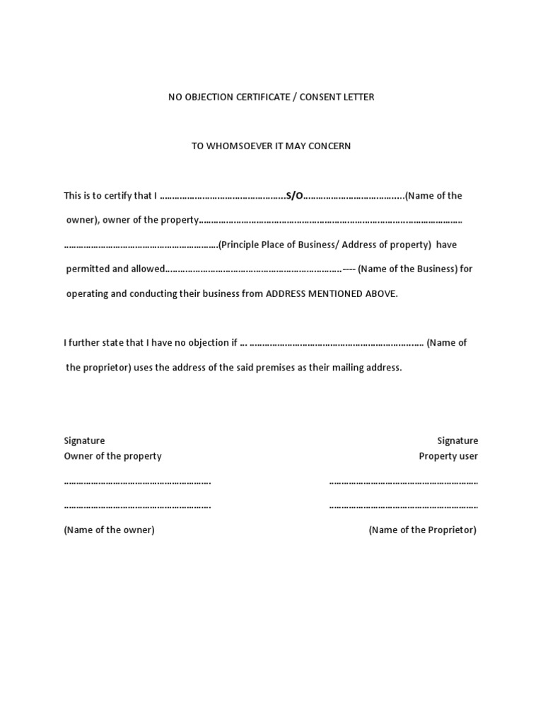 No Objection Certificate Granting Permission to Use an Address for ...