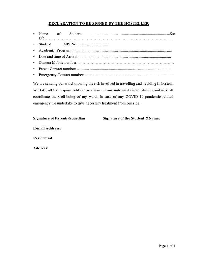 Hostel Declaration Form for Students | PDF