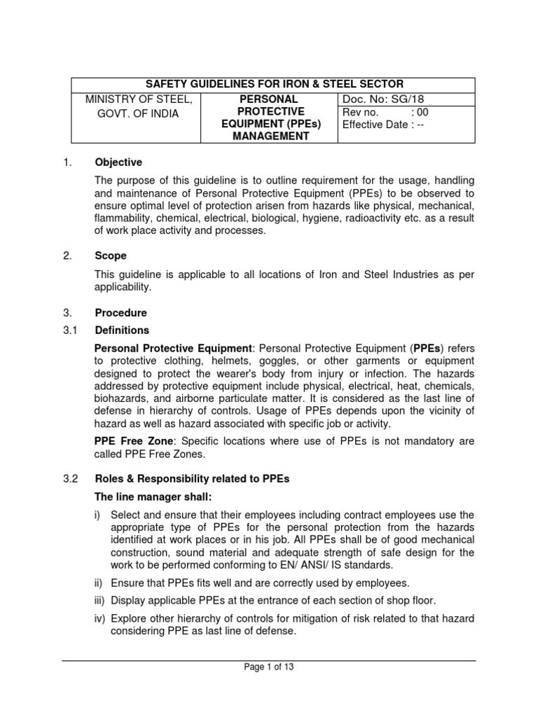 PPE Management Guidelines for Steel Industry | PDF | Personal ...