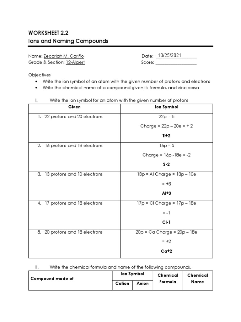 Naming Atoms And Ions Worksheet