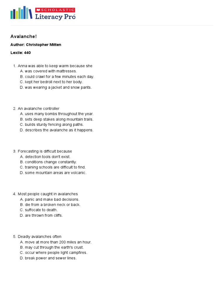 Avalanche Reading Comprehension Quiz | PDF | Snow | Ice