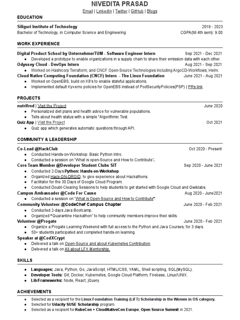 Resume of Nivedita Prasad highlighting her education, work experience, projects, community ...