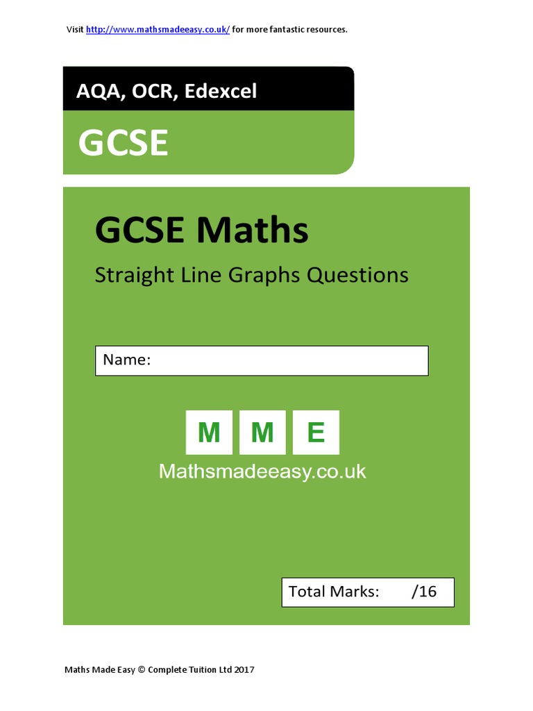 GCSE Maths Revision Straight Line Graphs Questions PDF