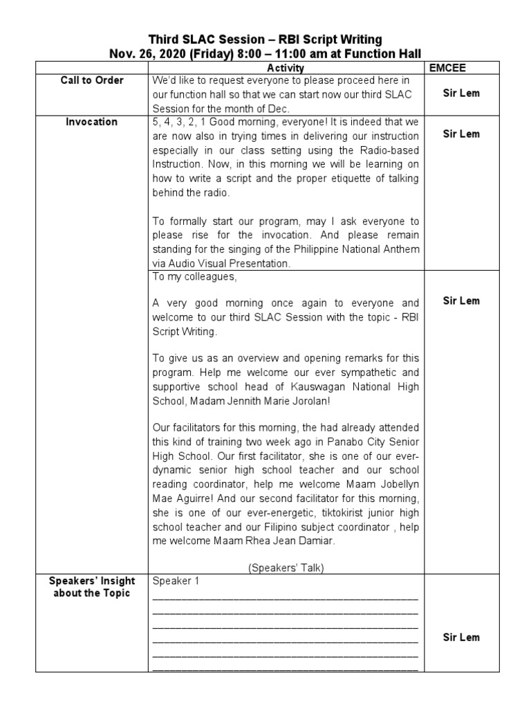 Third SLAC Session - RBI Script Writing Nov. 26, 2020 (Friday) 8:00 - 11:00 Am at Function Hall ...
