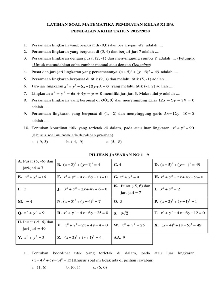 LAT SOAL PAT MAT MINAT KELAS XI Oy | PDF