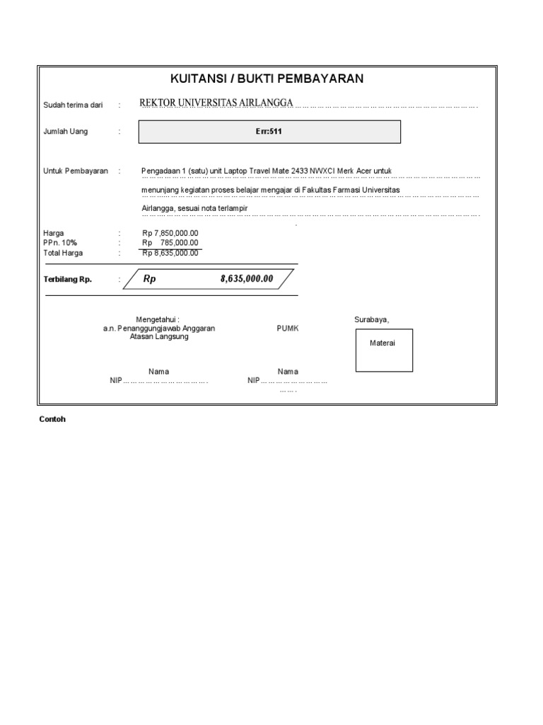 Format Kwitansi Berbentuk Microsoft Exce | PDF