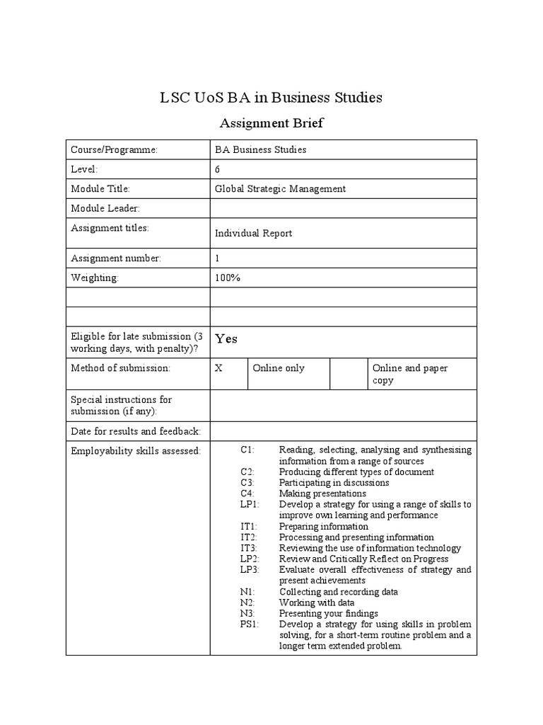 LSC Uos Ba in Business Studies: Assignment Brief | PDF | Strategic ...