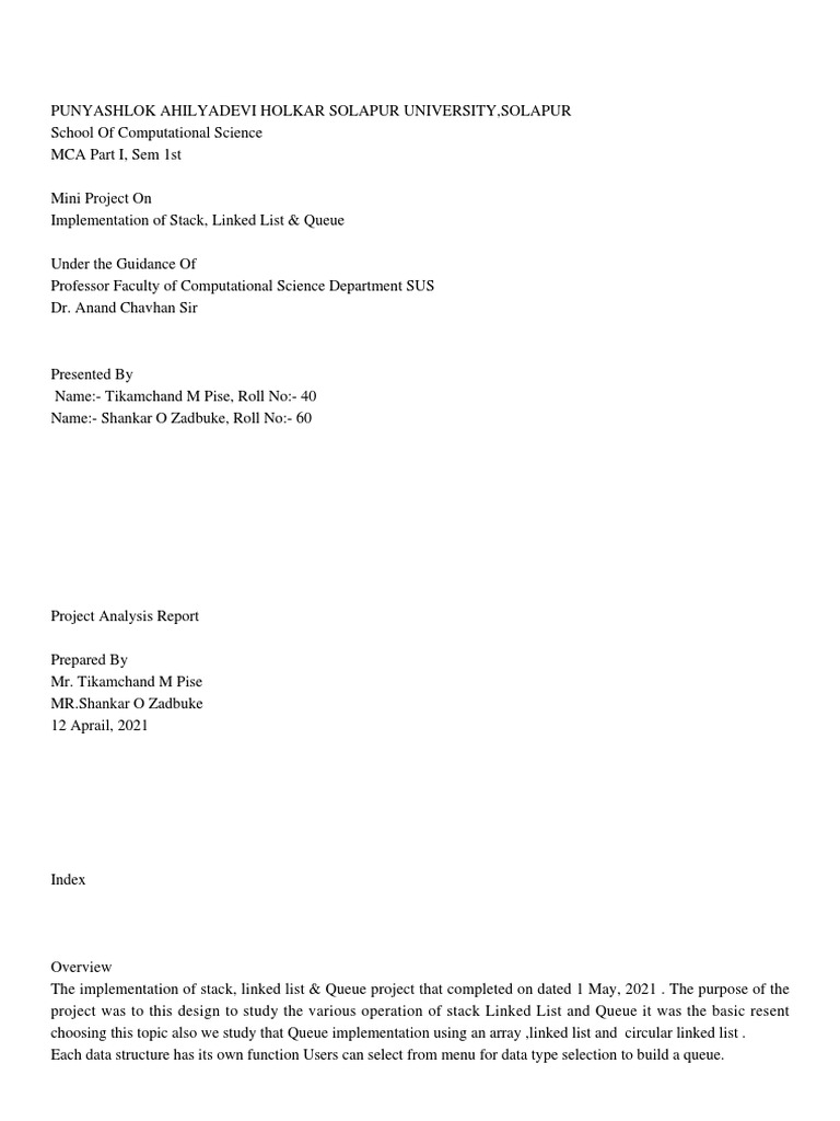 MCA Mini Project Documentation Tikamchand | PDF | Queue (Abstract Data Type) | Subroutine