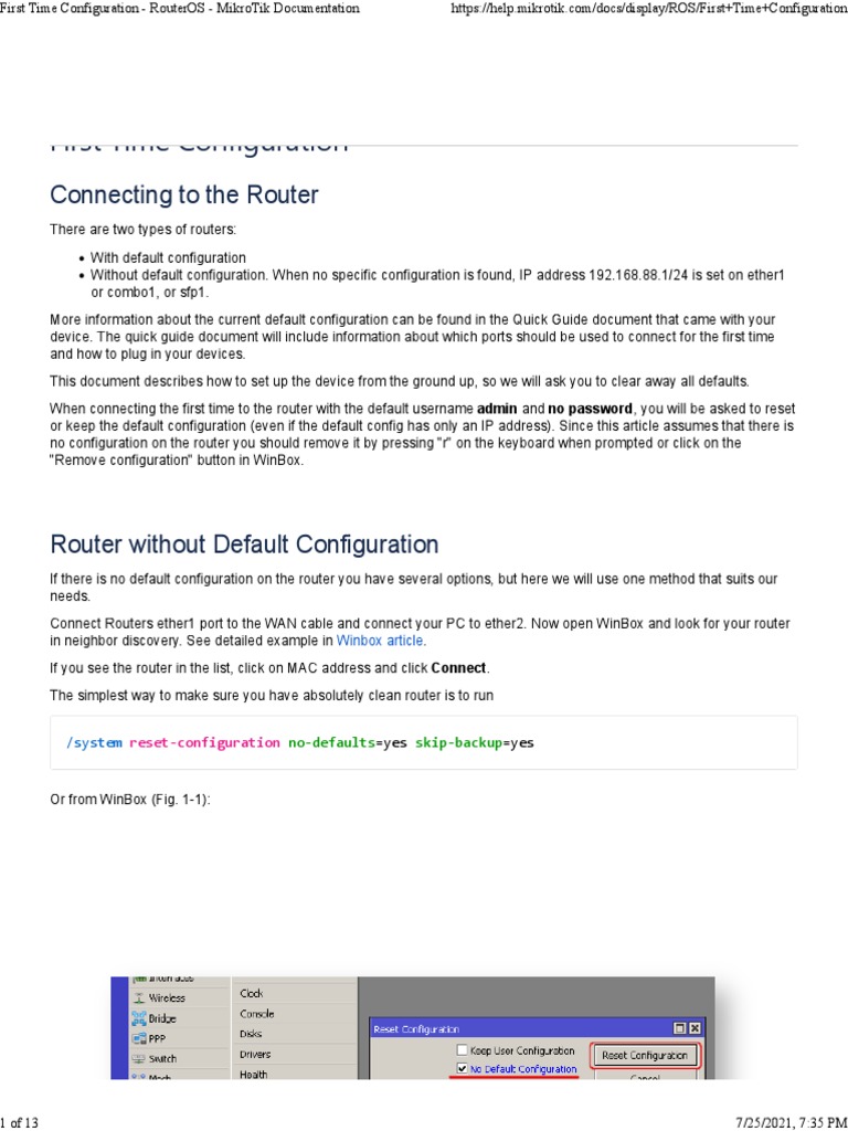 First Time Configuration - RouterOS - MikroTik Documentation | PDF | Ip Address | Router (Computing)