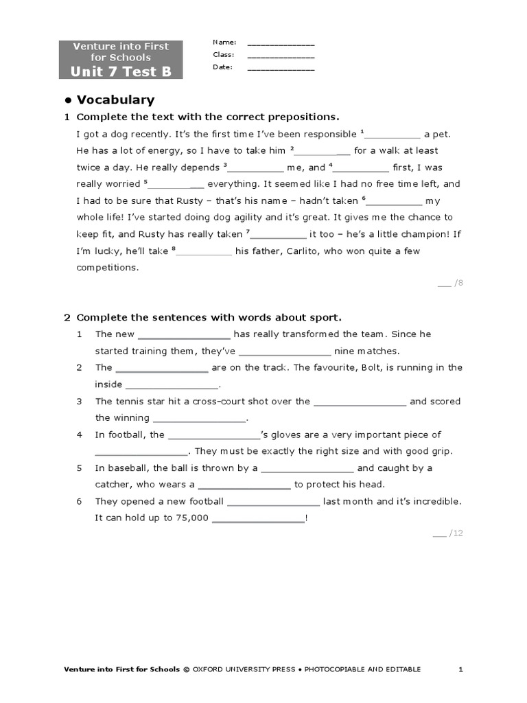 Venture First Schools Unit Test 7b | PDF | Career & Growth | Sports ...