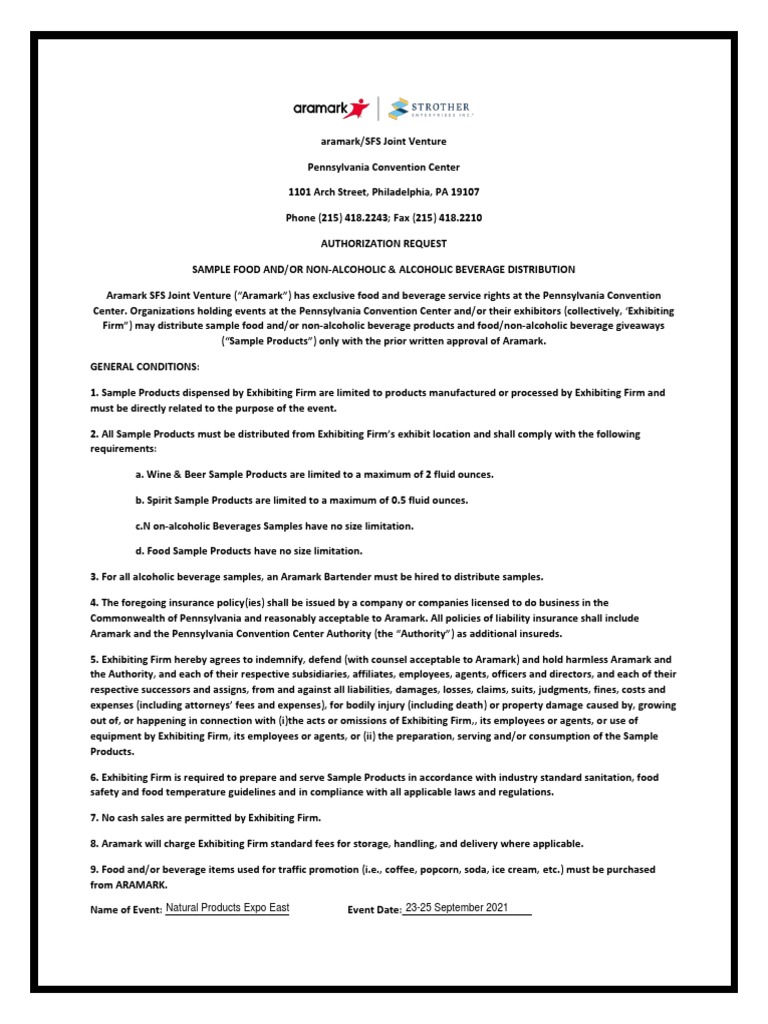 Aramark Sample Product Distribution Guidelines | PDF | Drink | Indemnity