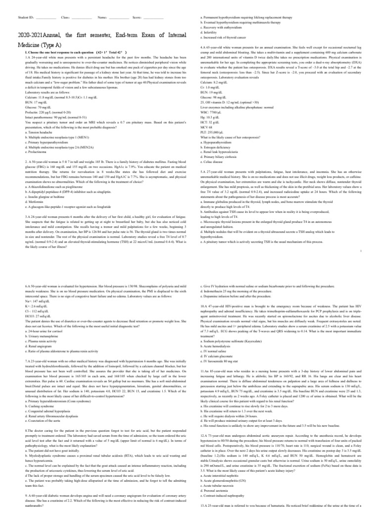 Internal Medicine Exam Paper | PDF | Anemia | Hypoglycemia