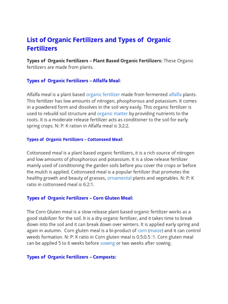 List of Organic Fertilizers and Types of | PDF | Manure | Fertilizer