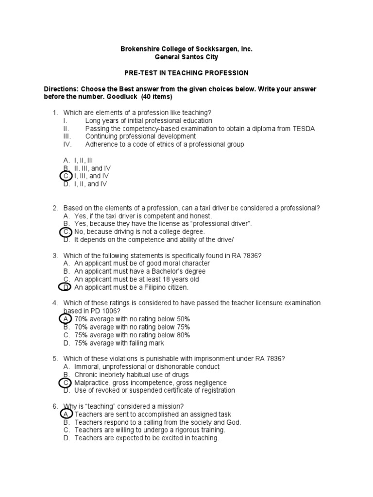 Pre Test in Teaching Profession | PDF | Teachers | Academic Freedom