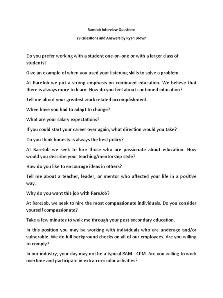 Rarejob Interview Questions 29 Questions and Answers by Ryan Brown | PDF