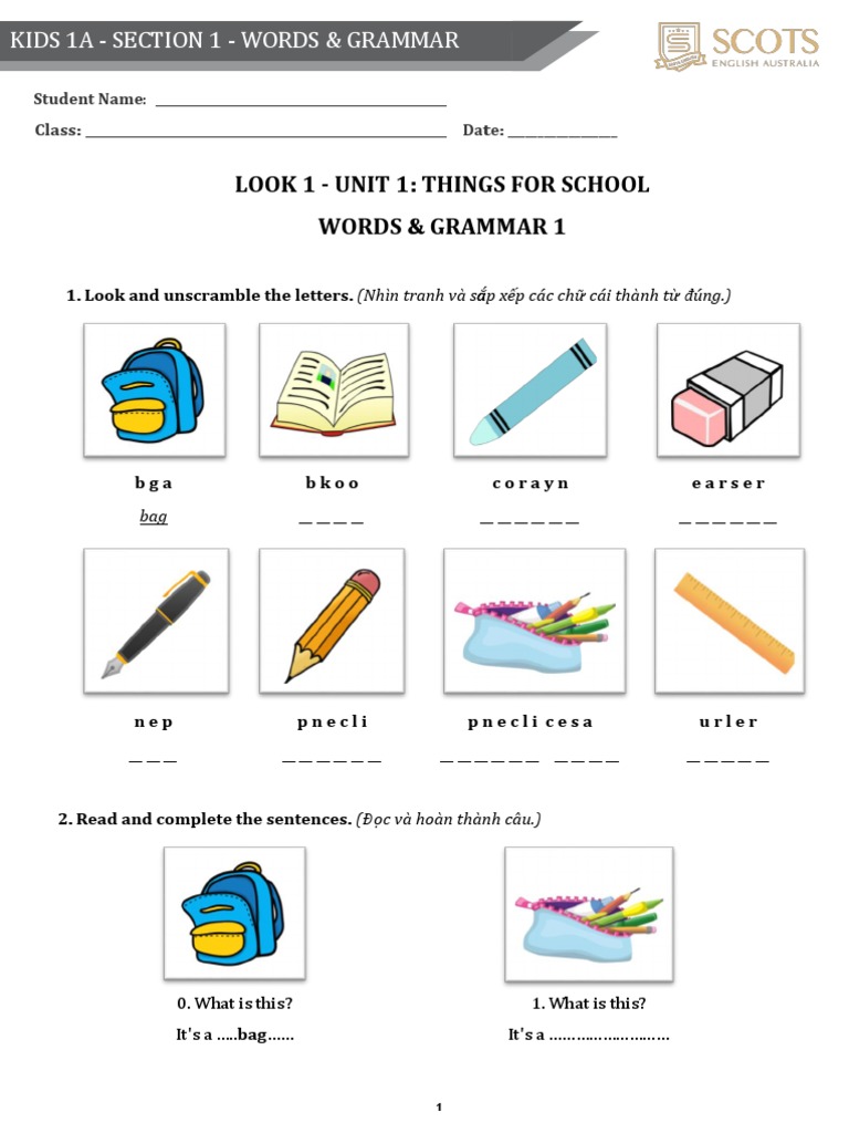 Look 1 Unit 1: School Vocabulary | PDF