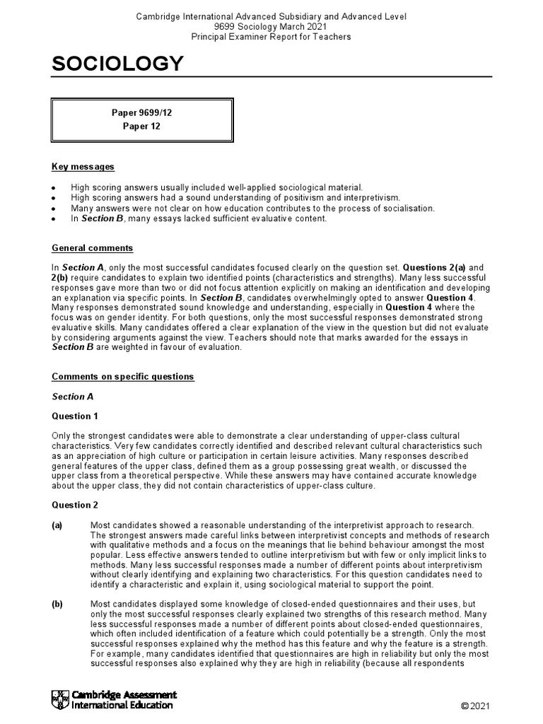 Sociology: Paper 9699/12 Paper 12 | PDF | Sociology | Evaluation
