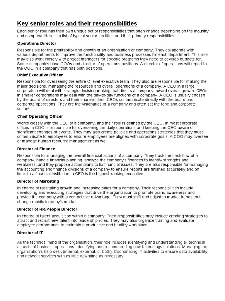Examples of Senior Roles and Responsibilities | PDF | Chief Executive ...