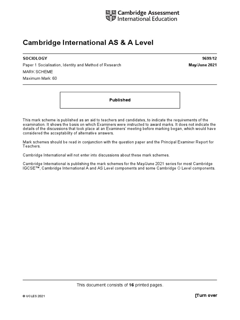 Cambridge International AS & A Level: Sociology 9699/12 May/June 2021 ...