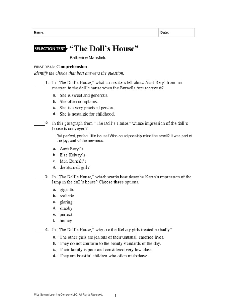 The Doll's House Selection Test | PDF | Language Arts & Discipline ...