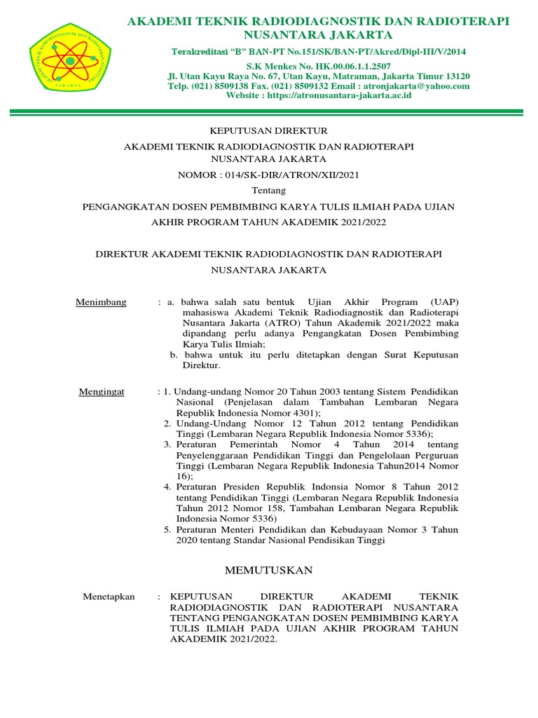 014.SK - DIR.ATRON - XII.2021 SK Pengangkatan Dosen Pembimbing KTI 2021-2022-1 | PDF