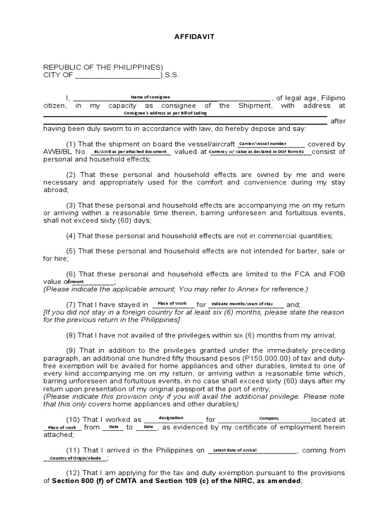 Affidavit Template - OFW (Section 800 (F) CMTA - Section 109 (C) NIRC ...