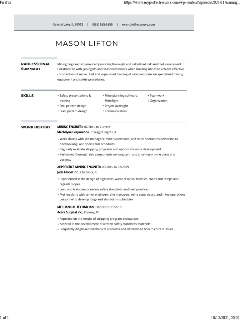 Mining Engineer Resume Example - SVG | PDF | Mining
