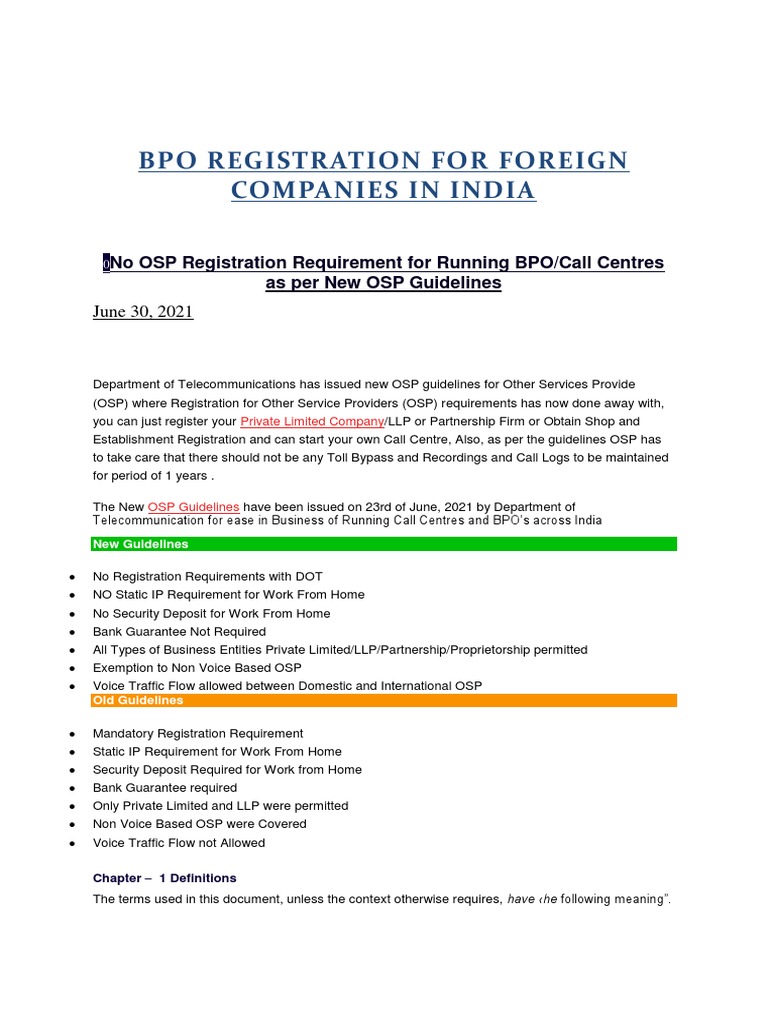 2021 Bpo Registration For Foreign Companies in India | PDF | Public ...