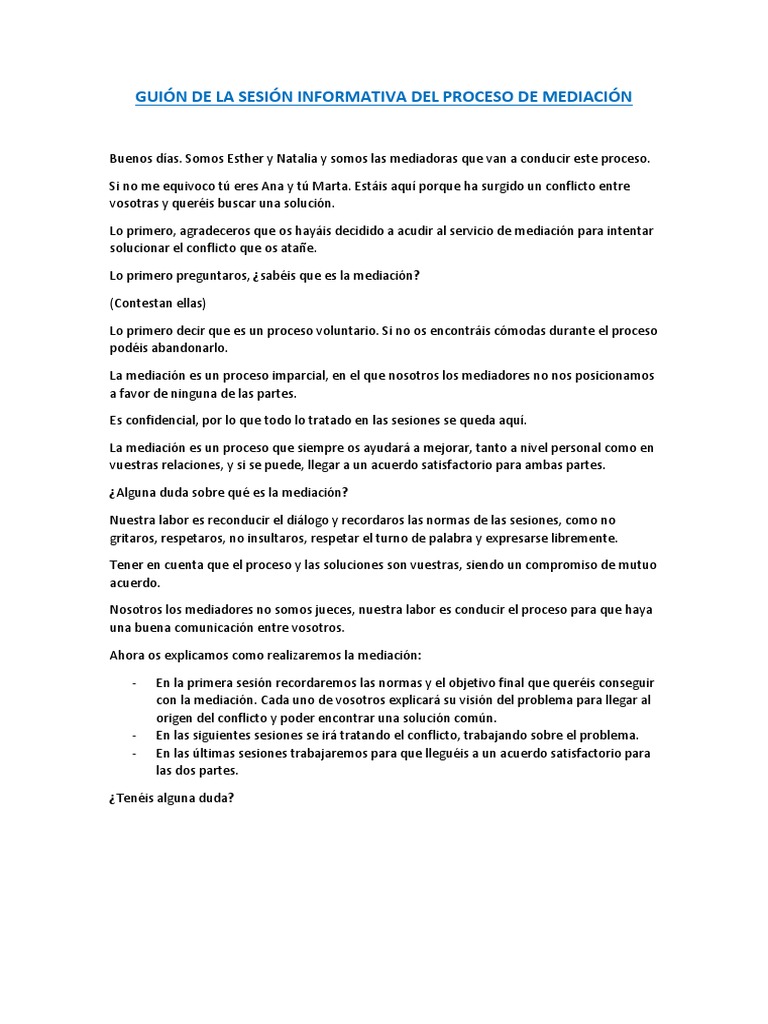 Ejemplo SESIÓN INFORMATIVA Del Proceso de Mediación | PDF | Mediación